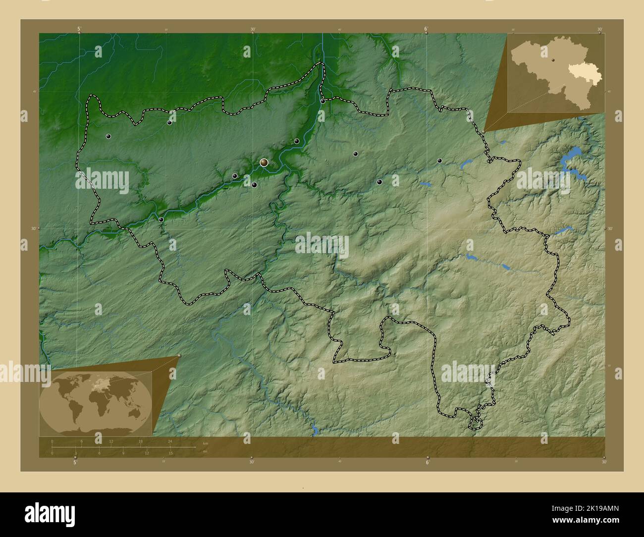 Liege, province of Belgium. Colored elevation map with lakes and rivers ...