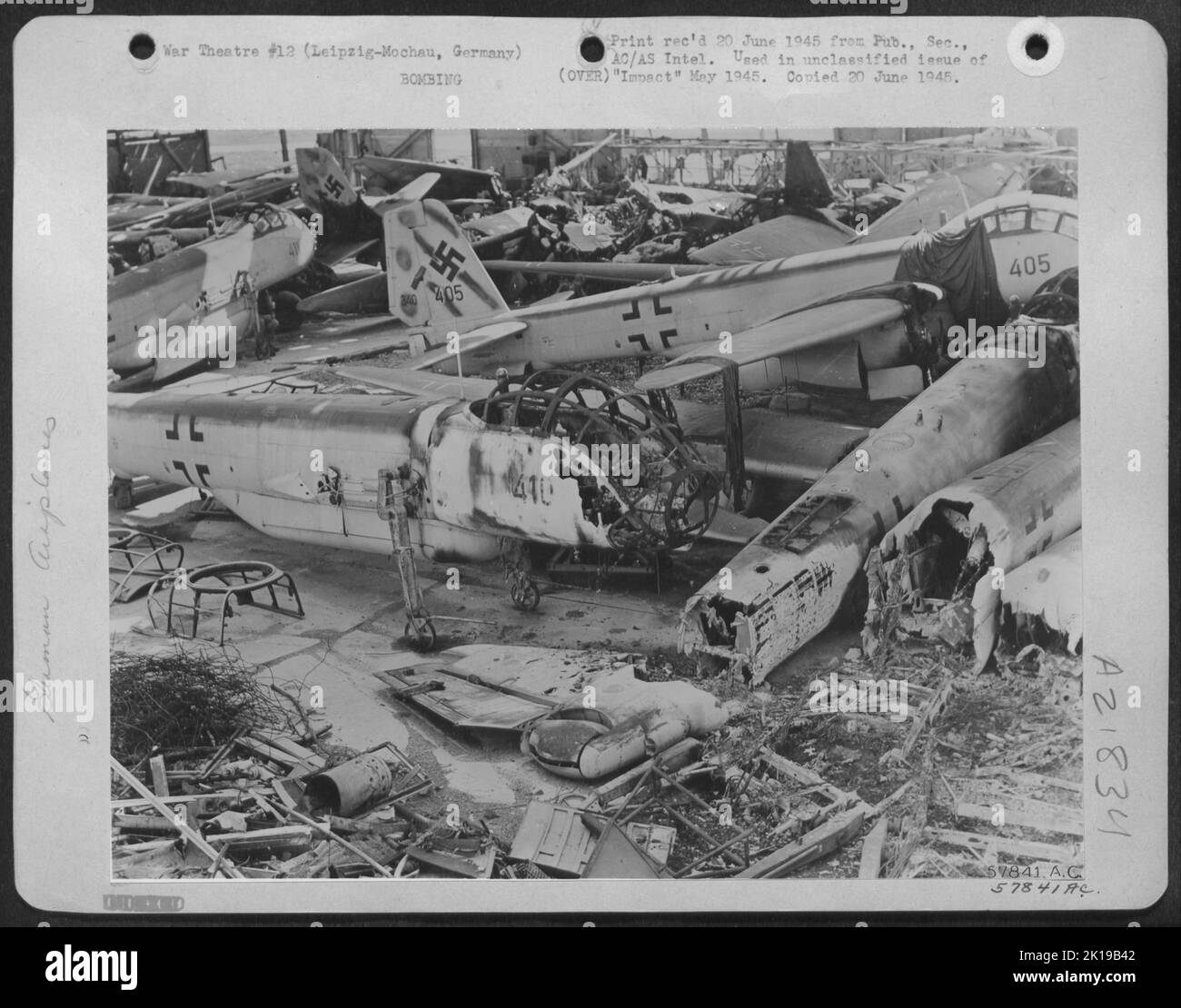 Skeletonized hangar full of Ju-88s and 188s at the Leipzig-Mockau ...