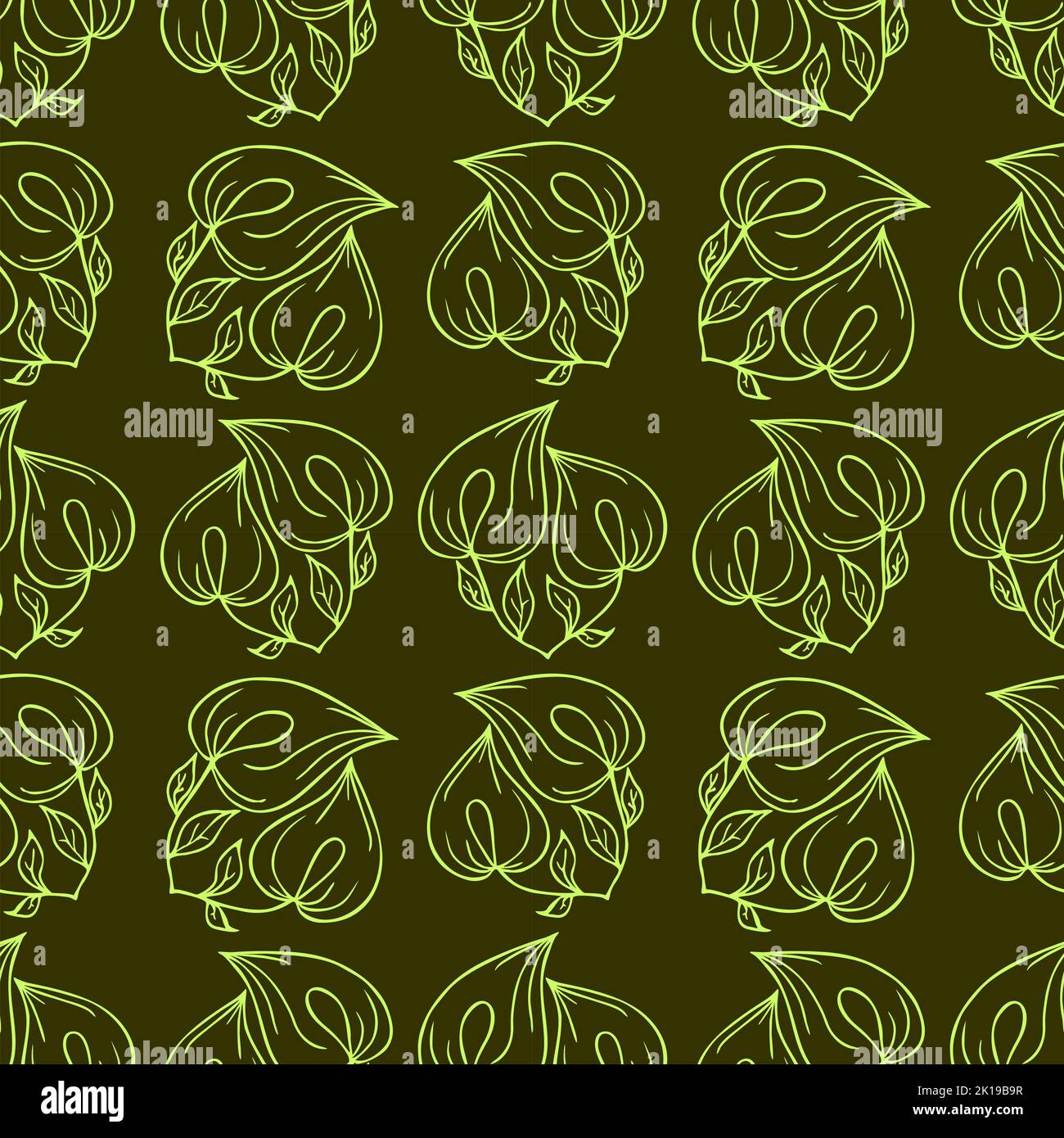 seamless contour pattern of large green graphic flowers on an olive ...