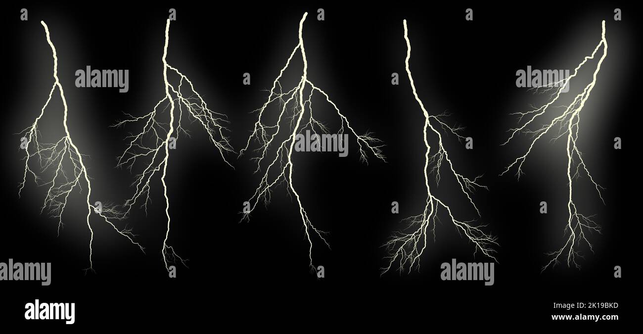 Set of different lightning bolts isolated on black background Stock ...