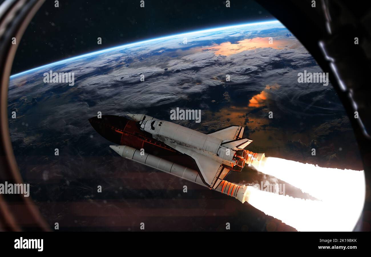 Space shuttle in orbit of the planet Earth. View from window of ...