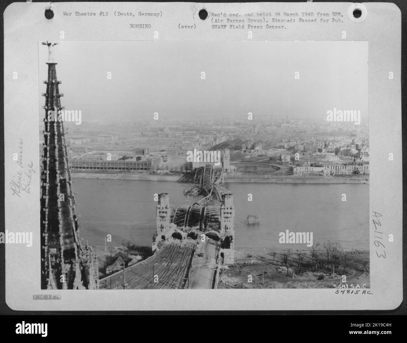 View of Deutz, Germany, showing the collapsed Hohenzellern bridge over ...