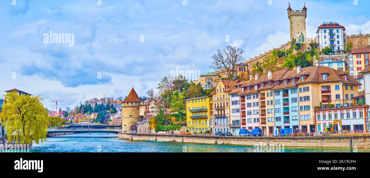 Panorama of Reuss river's townhouses and medieval towers of Museggmauer ...