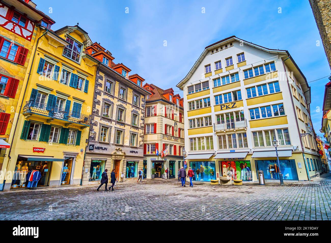 LUCERNE, SWITZERLAND - MARCH 30, 2022: Old modest houses on Kornmarkt ...