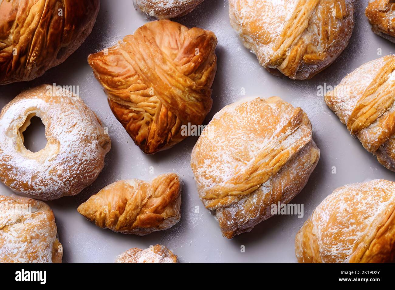 A top view of a group of homemade puff pastries with sprinkled sugar ...