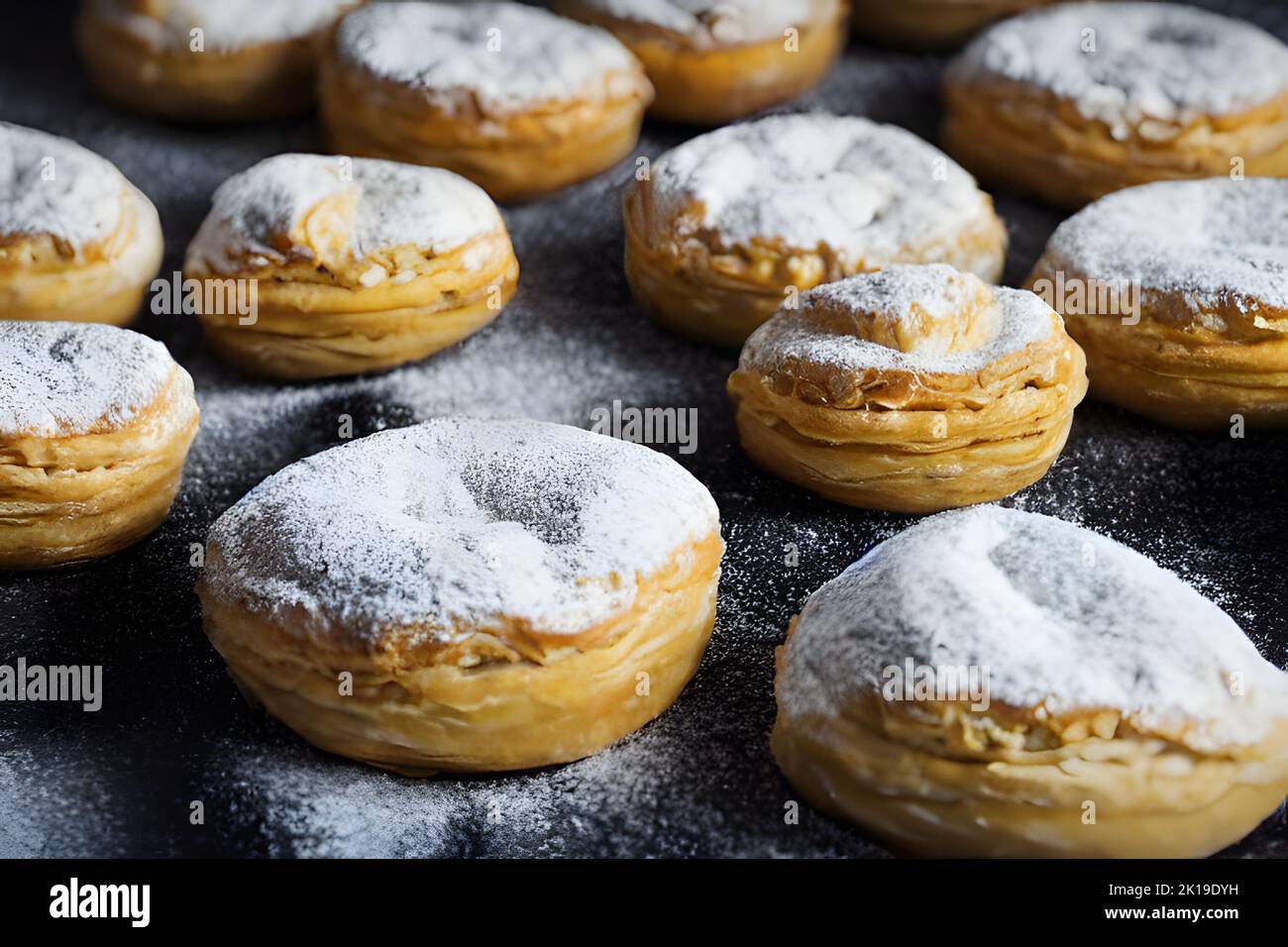 A closeup shot of a group of homemade puff pastries with sprinkled ...