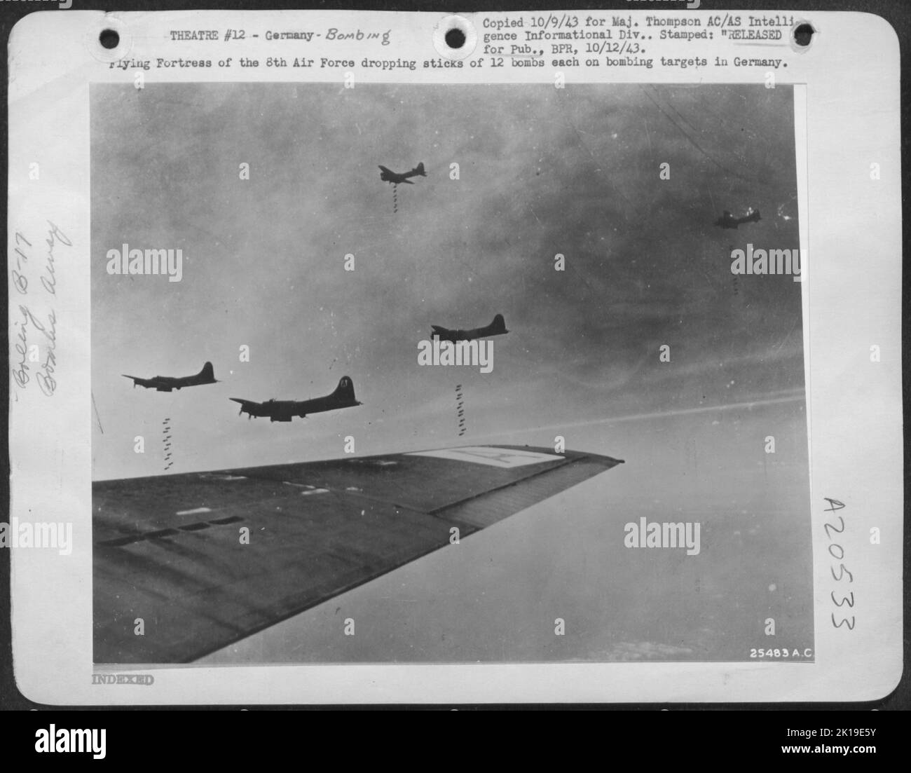 Flying Fortress of the 8th Air Force dropping sticks of 12 bombs each ...