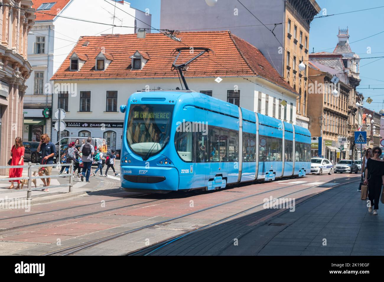 Zagreb, Croatia - June 2, 2022: Blue modern tram in Zagreb city Stock ...