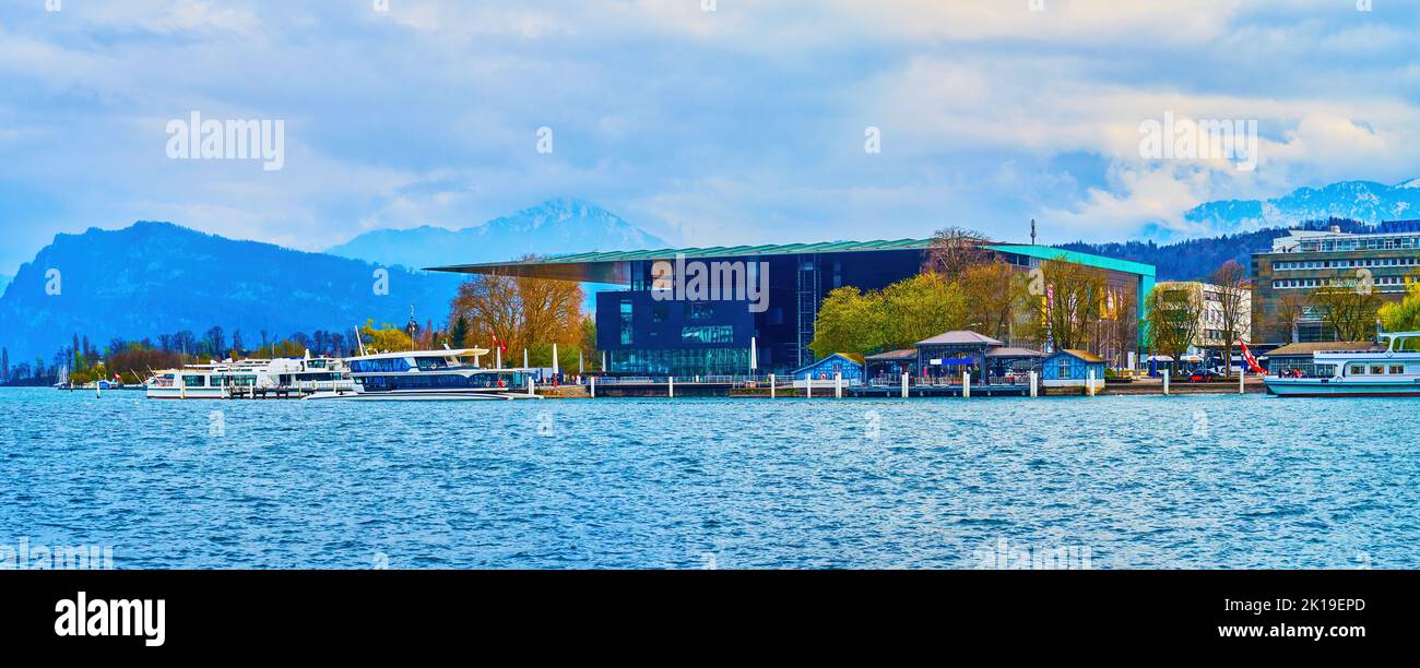 The modern building of Luzern KKL center on the bank of Lucern Lake in ...