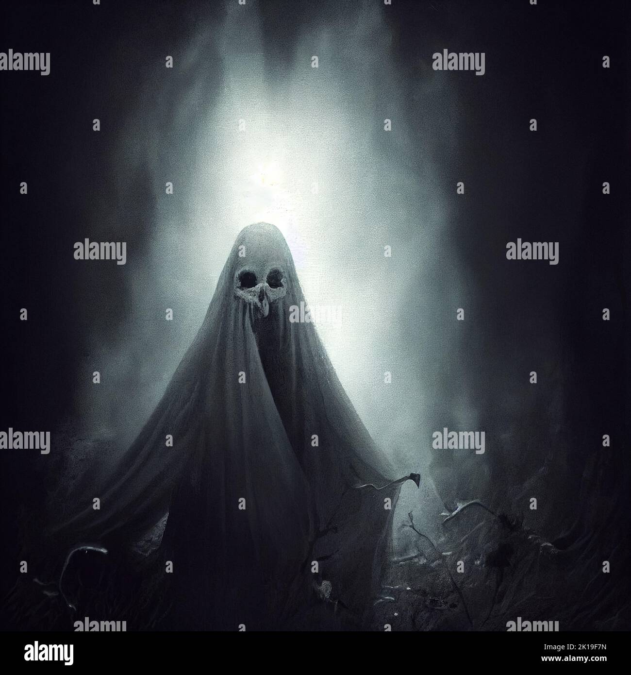 A front shot of horror covered with a dark sheet with a white circle on ...