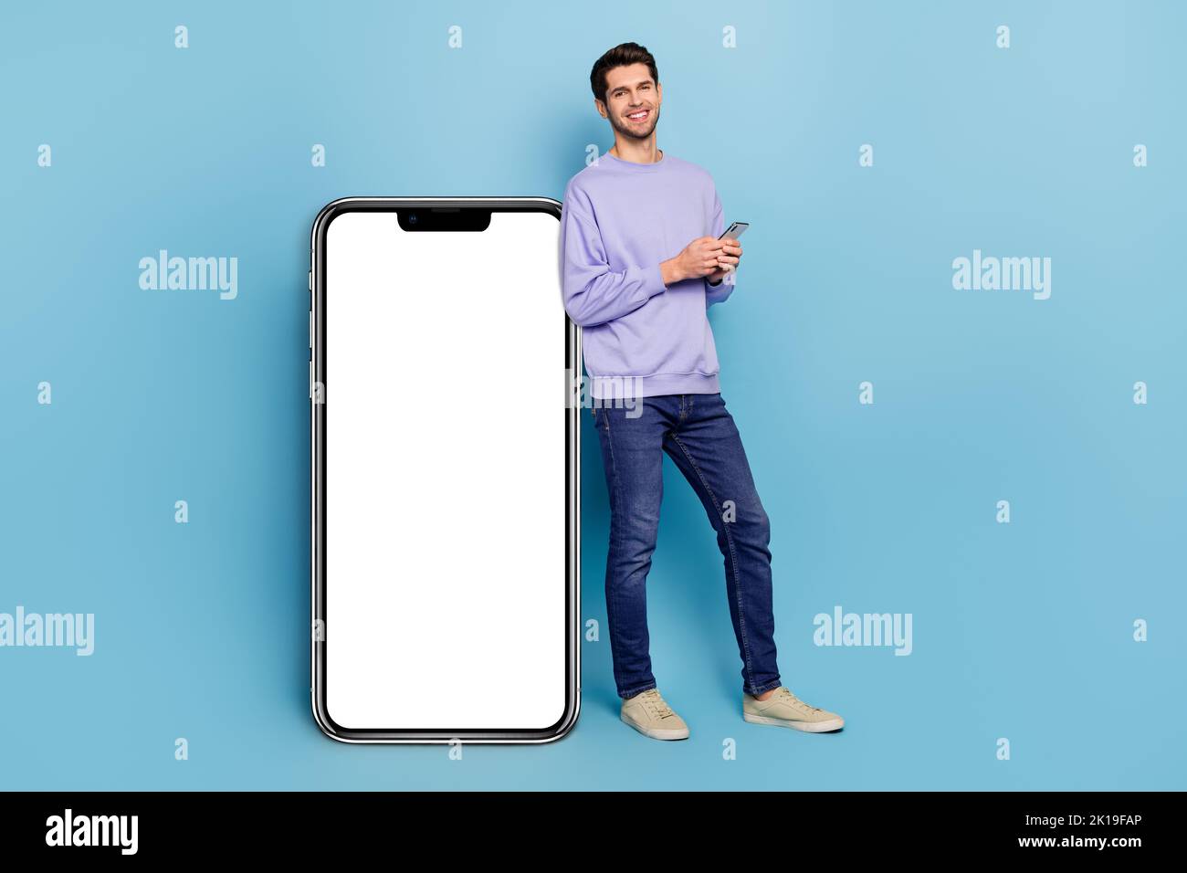 Full length body size view of handsome guy using device gadget big ...