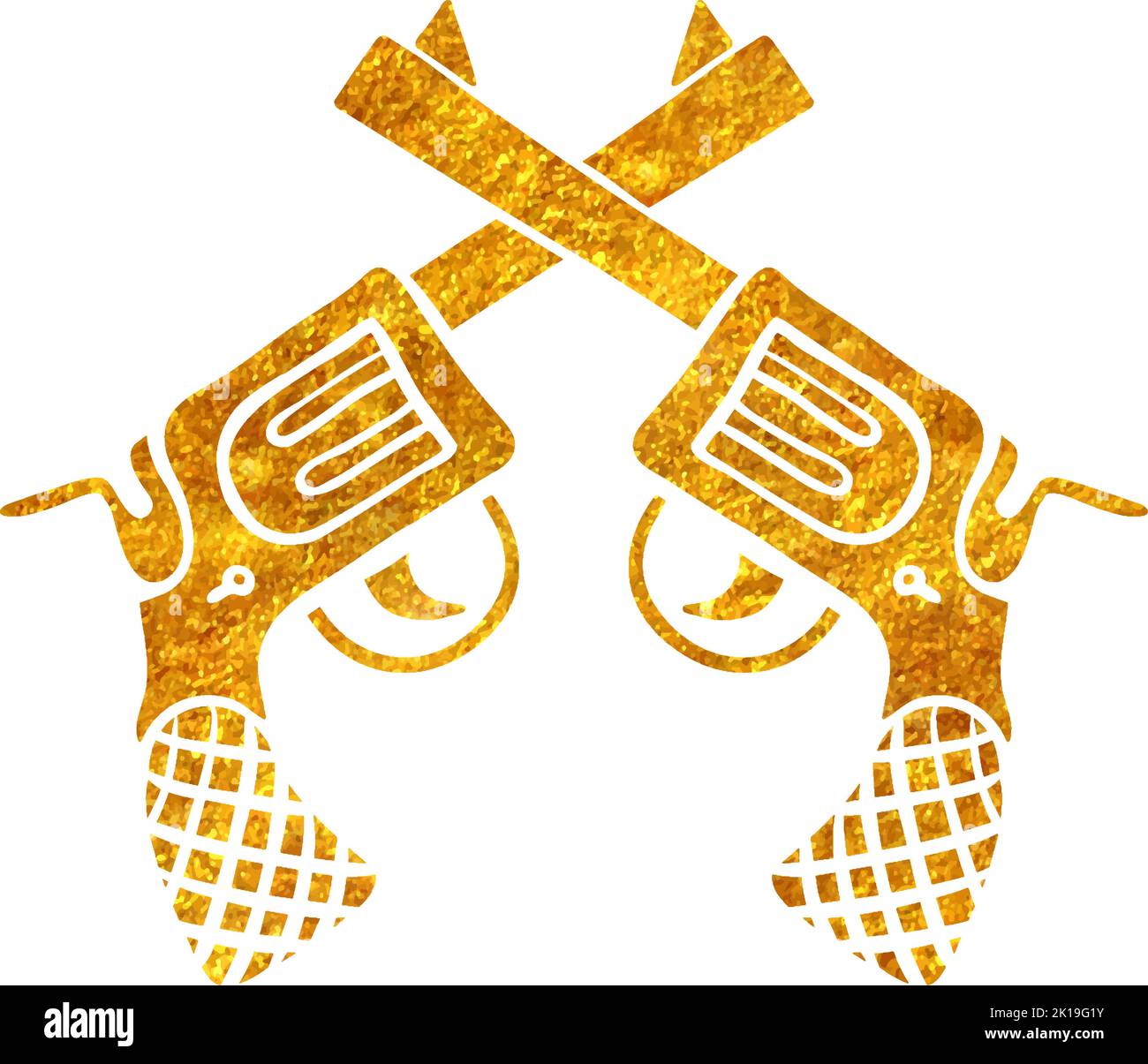 Hand drawn arm gun in vintage in gold foil texture vector illustration ...