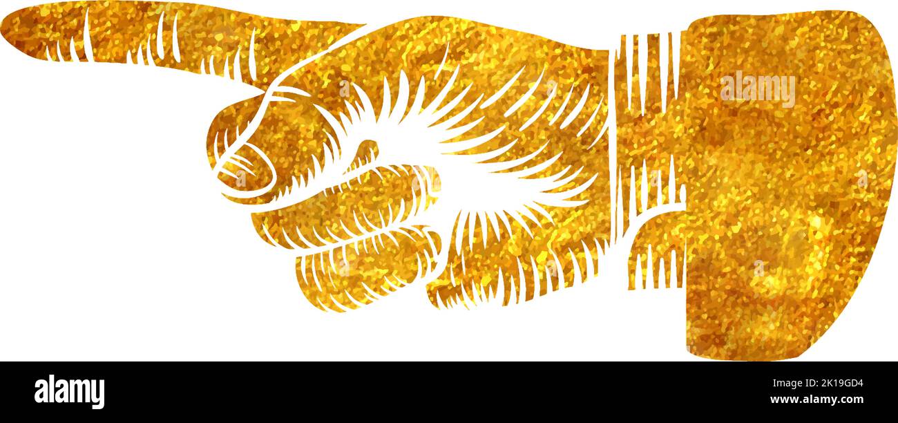 Hand drawn pointing index finger in retro sketch in gold foil texture ...