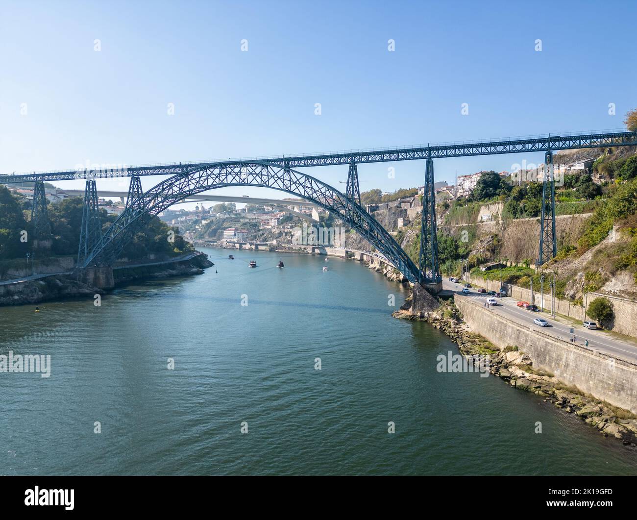 Aerial view of Porto, Douro River with boats and the bridges Stock ...