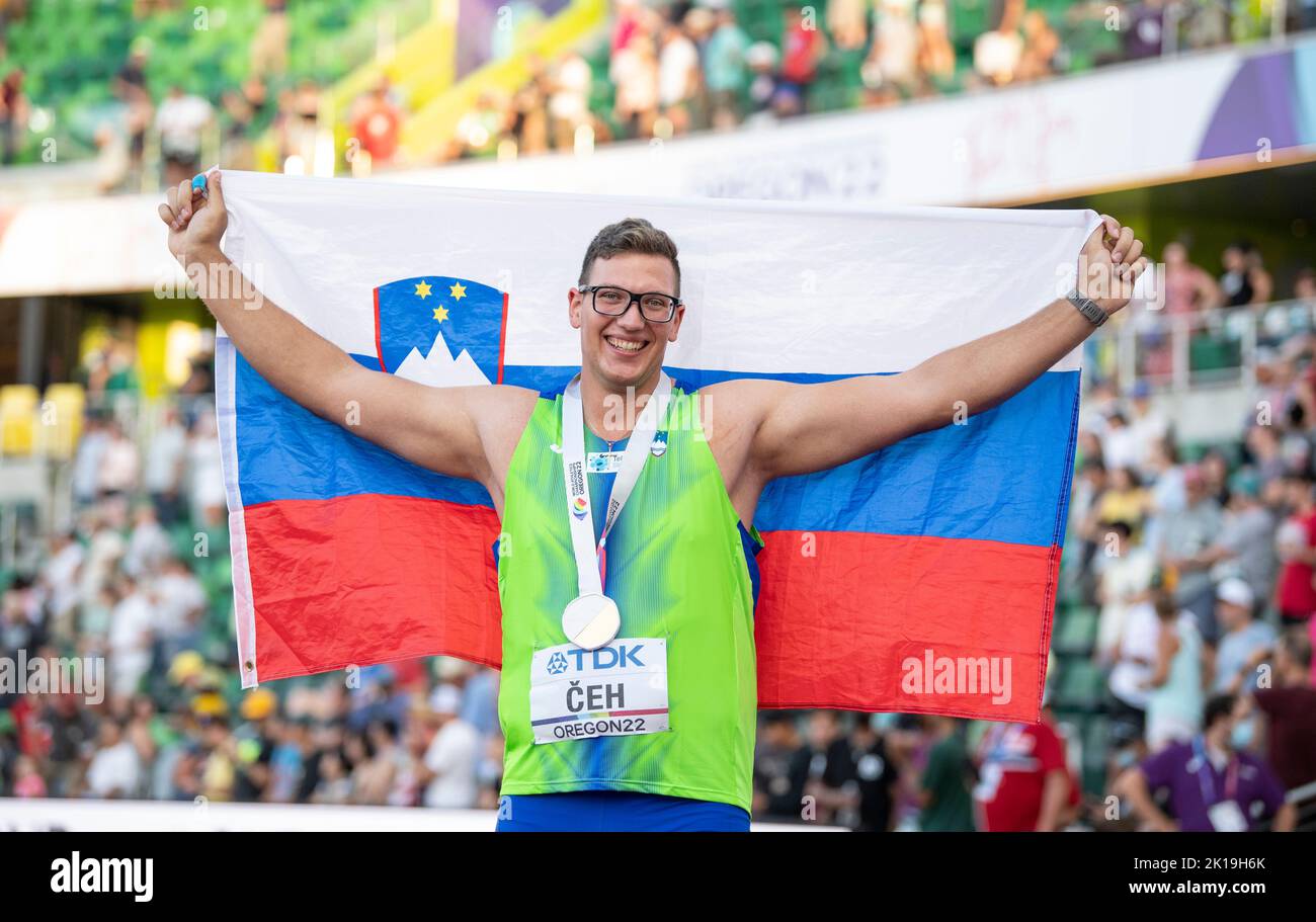 Kristjan Čeh of Slovenia celebrating his win in the men’s discus at the ...