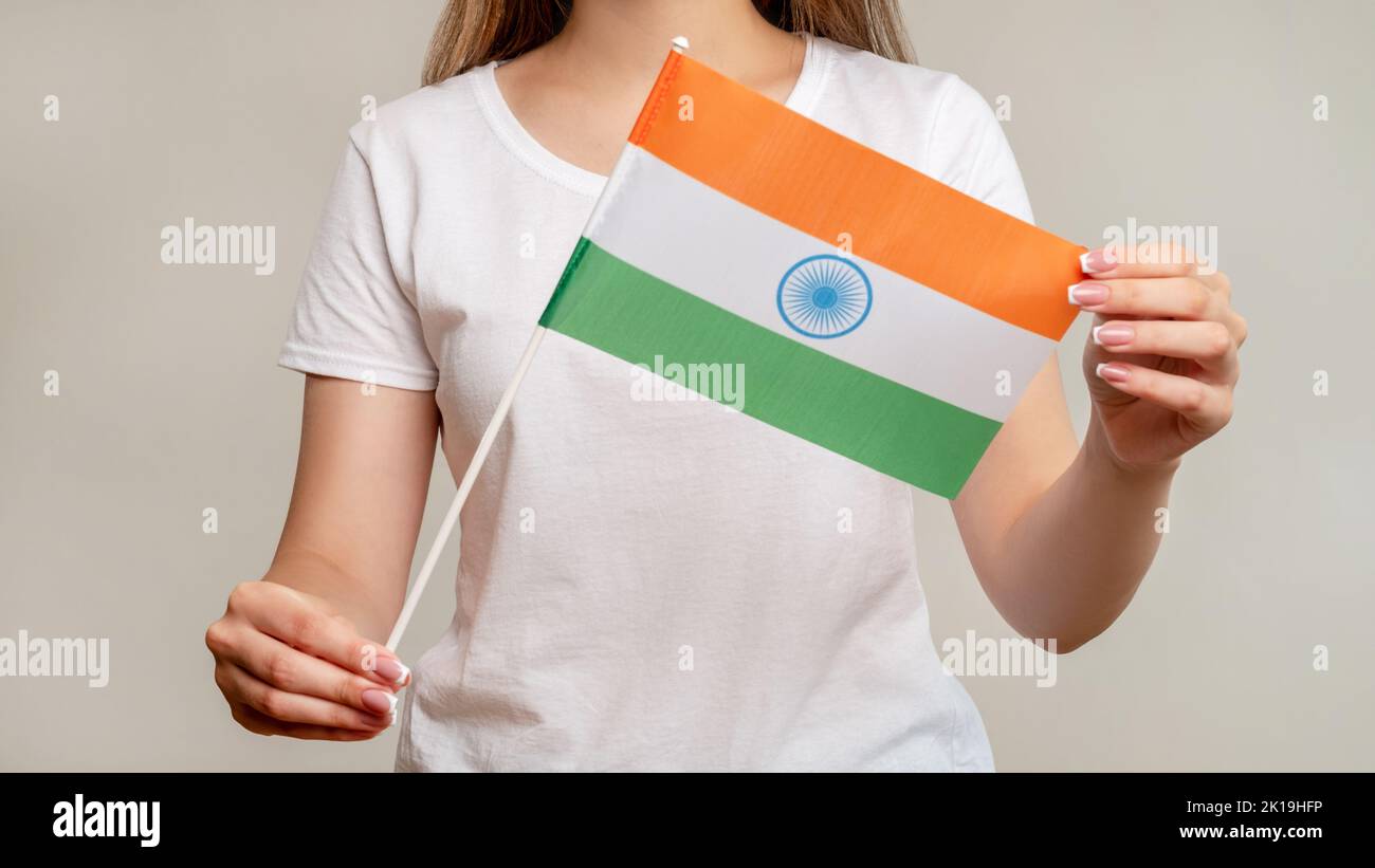 India flag. Independence day. Woman holding official symbol horizontal ...