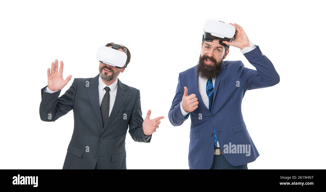Team of innovators. Men vr glasses modern technology white background ...