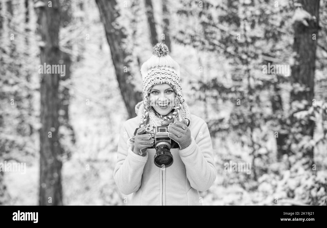 Winter hobby. Taking stunning winter photos. Enjoy beauty of snow ...