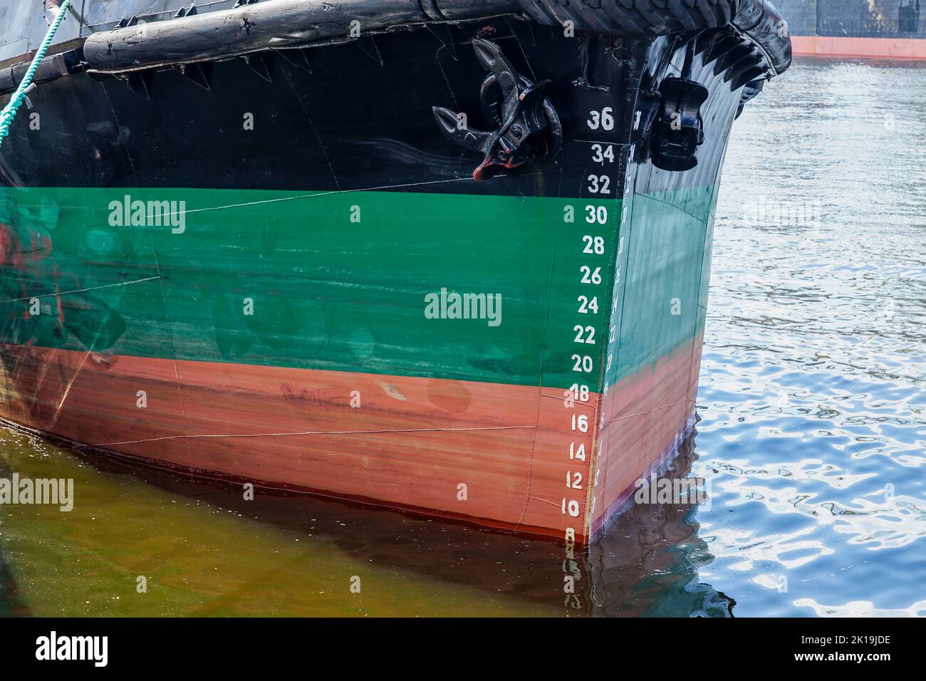 ship's draft scale, close-up of waterline markings scale on the moored ...
