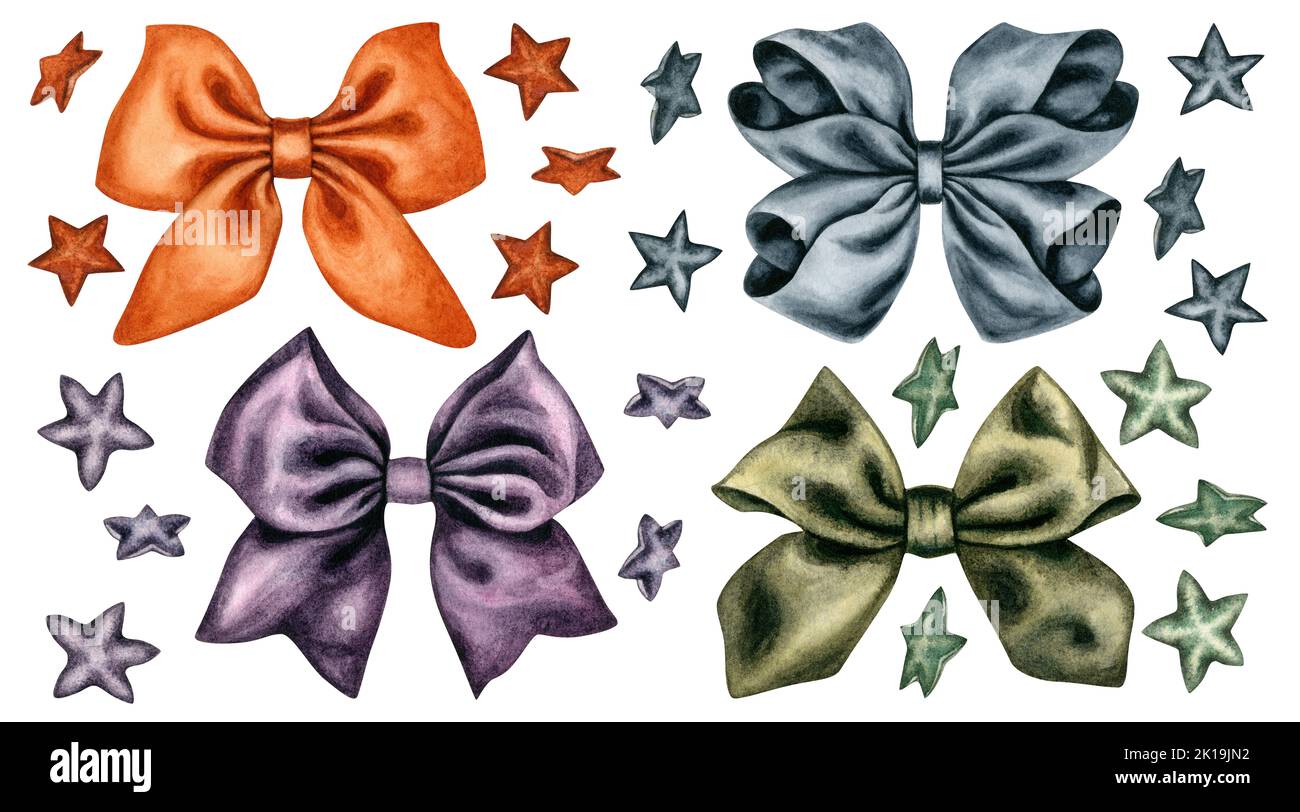 Set of dark orange, purple, gray, green watercolor bows and stars. For ...