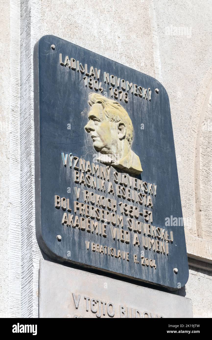 Bratislava, Slovakia - May 31, 2022: Memorial plaque of Laco Novomesky ...