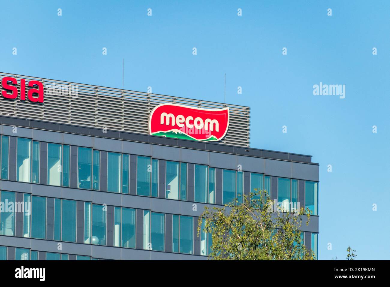 Bratislava, Slovakia - May 31, 2022: Logo of Mecom on the top of roof ...