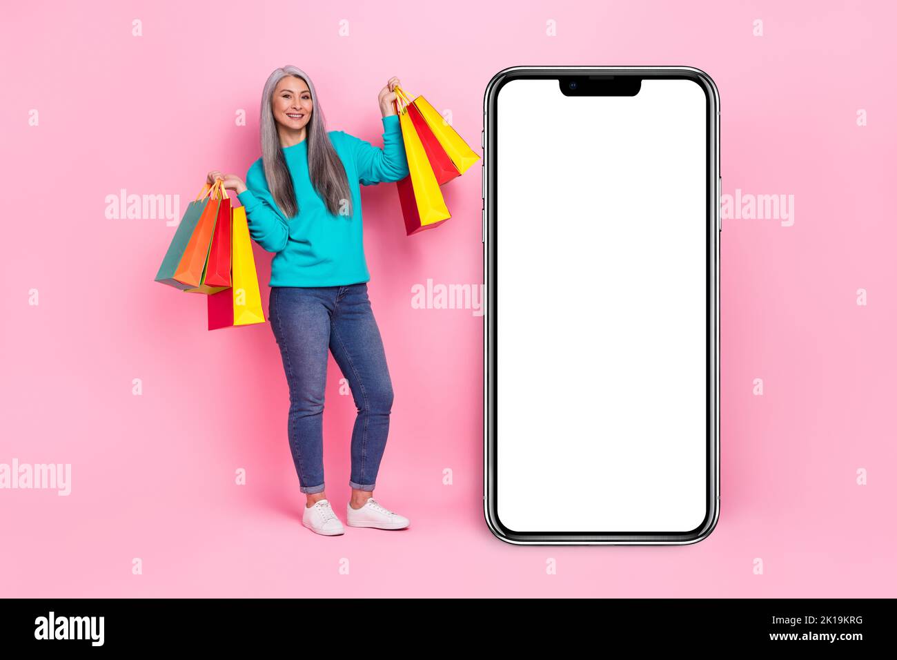 Photo of attractive funny lady pensioner dressed blue pullover rising ...