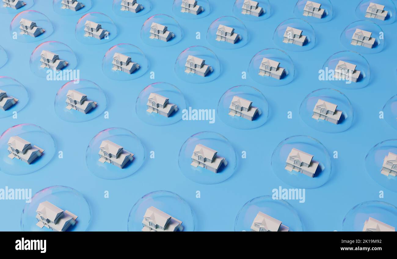 Housing bubble concept. White home in a transparent bubble. Property ...