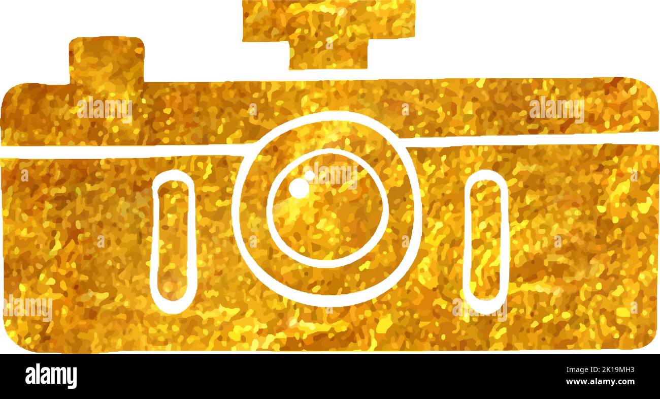 Hand drawn Panorama camera icon in gold foil texture vector ...