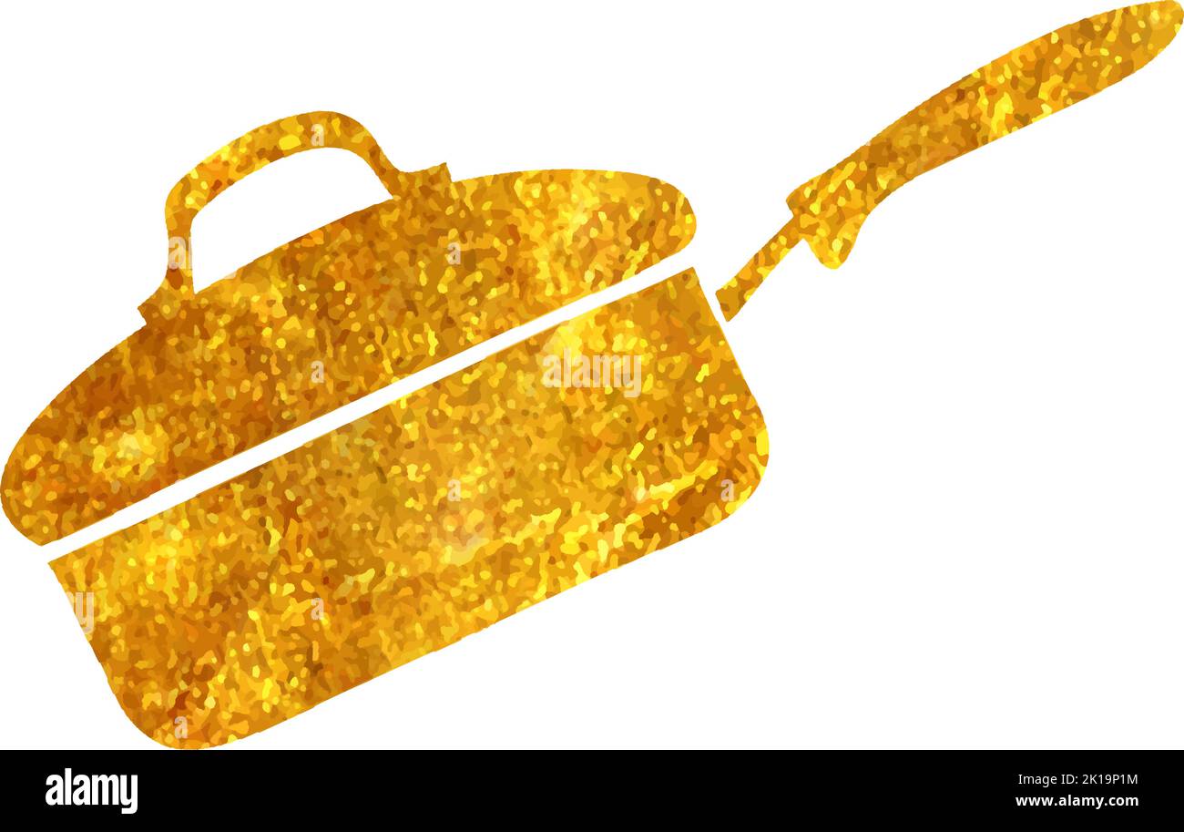 Hand drawn Cooking pan icon in gold foil texture vector illustration ...