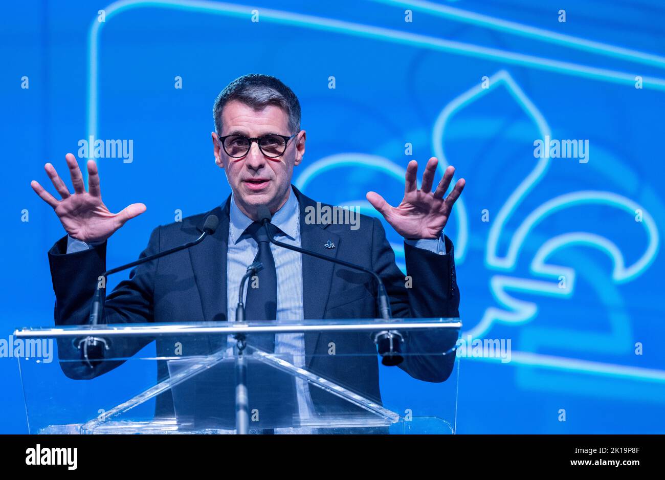 Conservative Party of Quebec Leader Eric Duhaime addresses a luncheon at the Quebec Union of ...