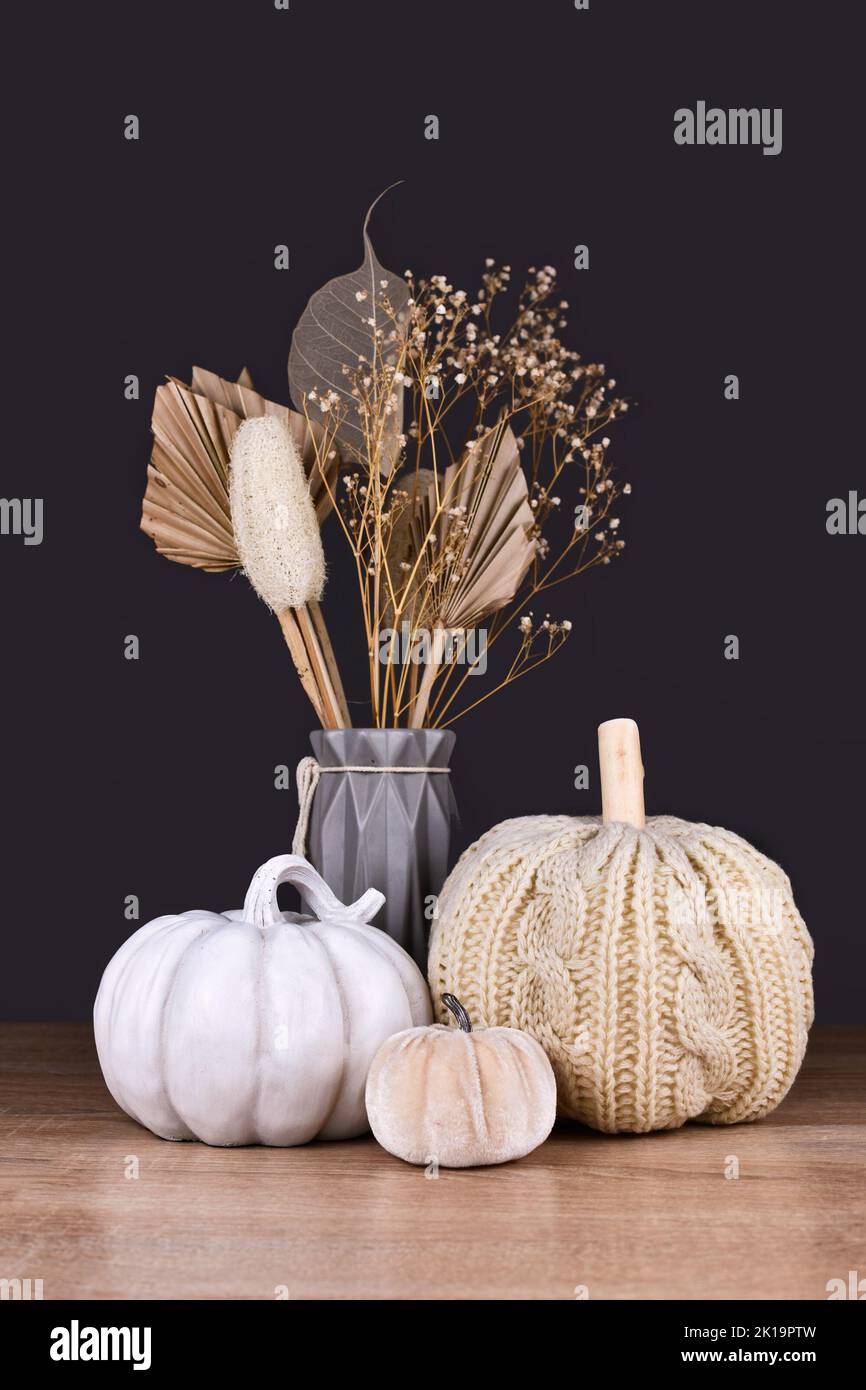 Seasonal fall decoration with boho style knitted beige pumpkin and gray ...