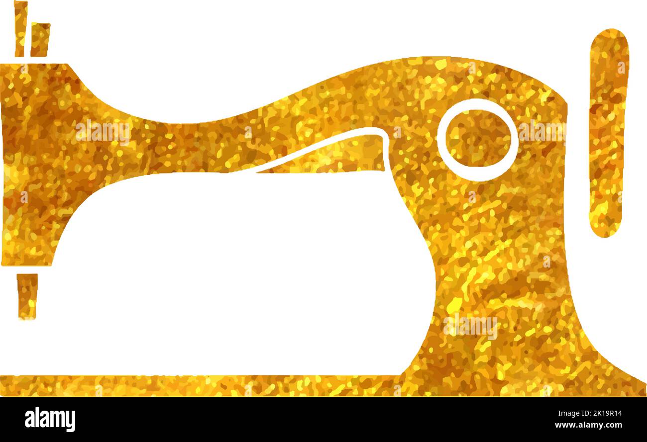 Hand Drawn Vintage Sewing Machine Icon In Gold Foil Texture Vector