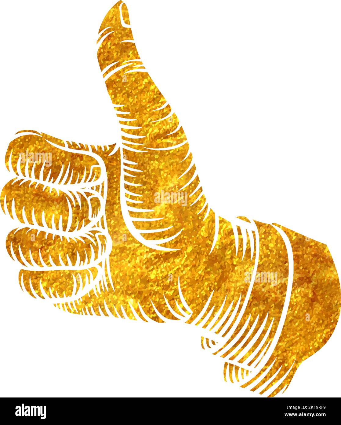 Hand drawn thumb up hand in retro sketch in gold foil texture vector ...
