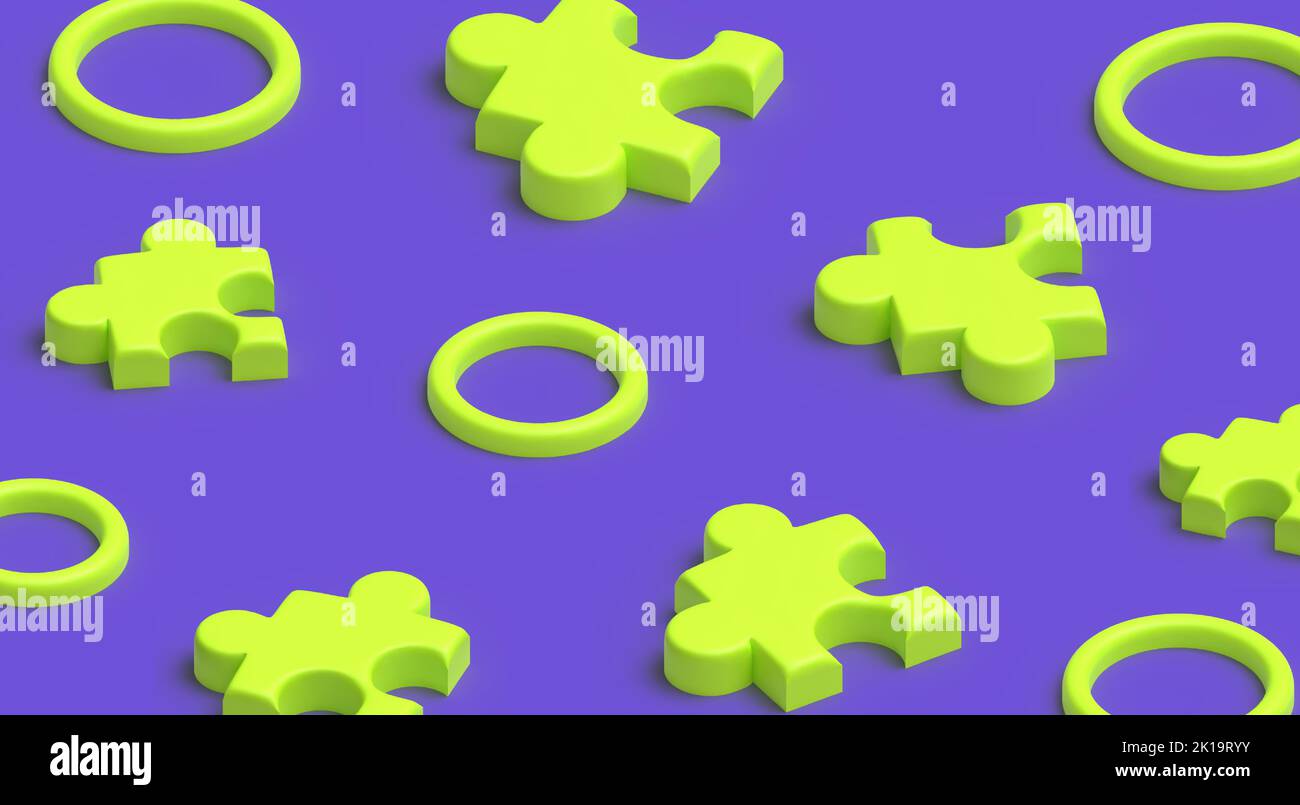 3D acid green color jigsaw puzzle pieces and rings on purple background ...