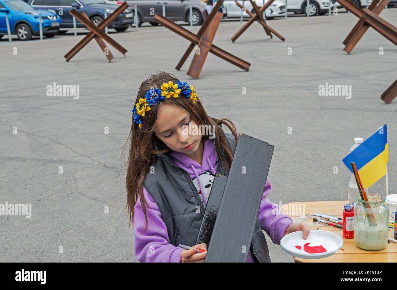 Dnipro, Ukraine - September 10, 2022: Little artist paint metal anti ...