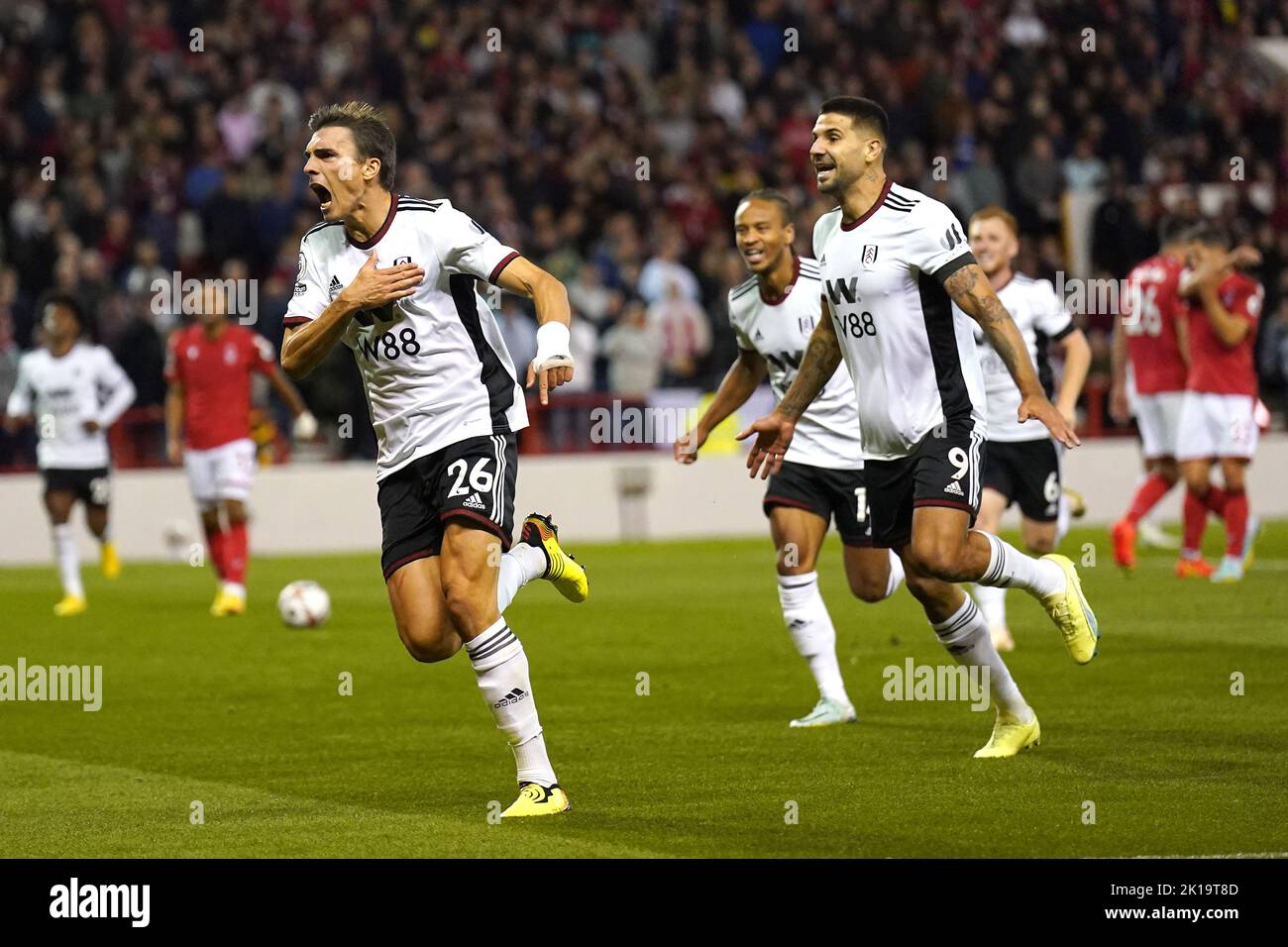 Fulham's Joao Palhinha (left) celebrates scoring their side's second ...