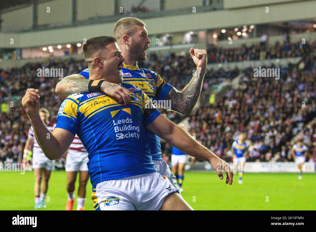 James Bentley #11 of Leeds Rhinos celebrates his try during the Betfred ...