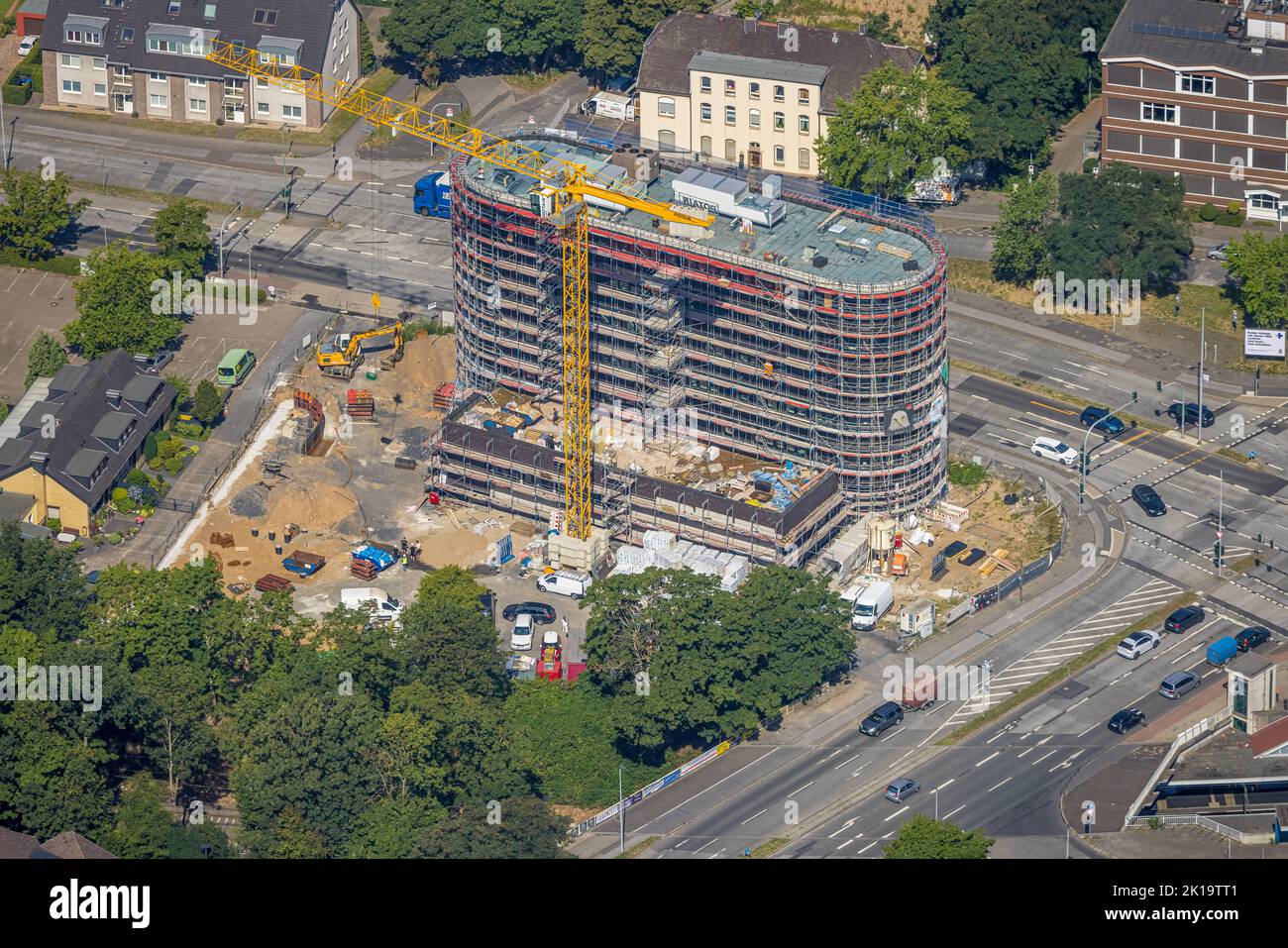 Aerial view, construction site and new building Sparkasse am Sittardsberg, intersection ...