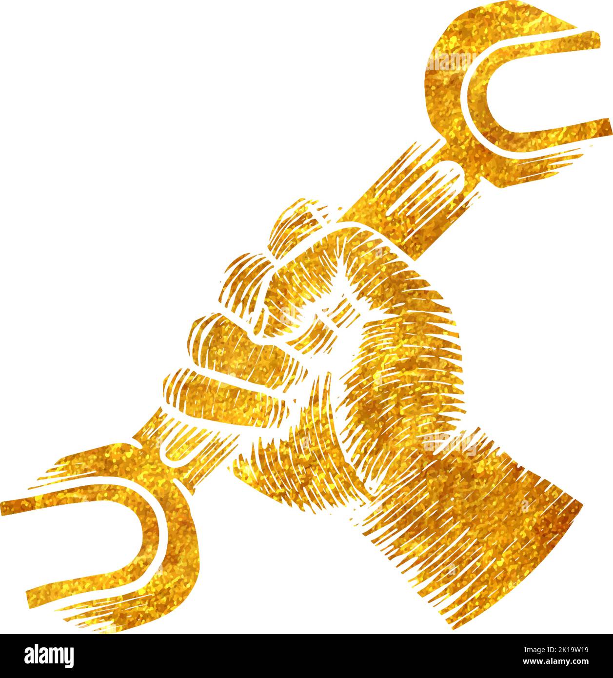 Hand drawn hand holding spanner wrench wood engraving in gold foil ...