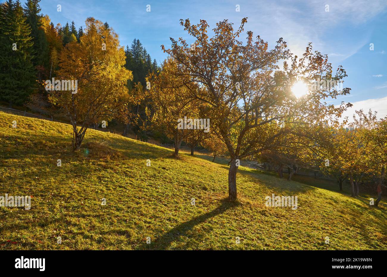 Amazing mountain landscape with colorful vivid sunset on the cloudy sky ...