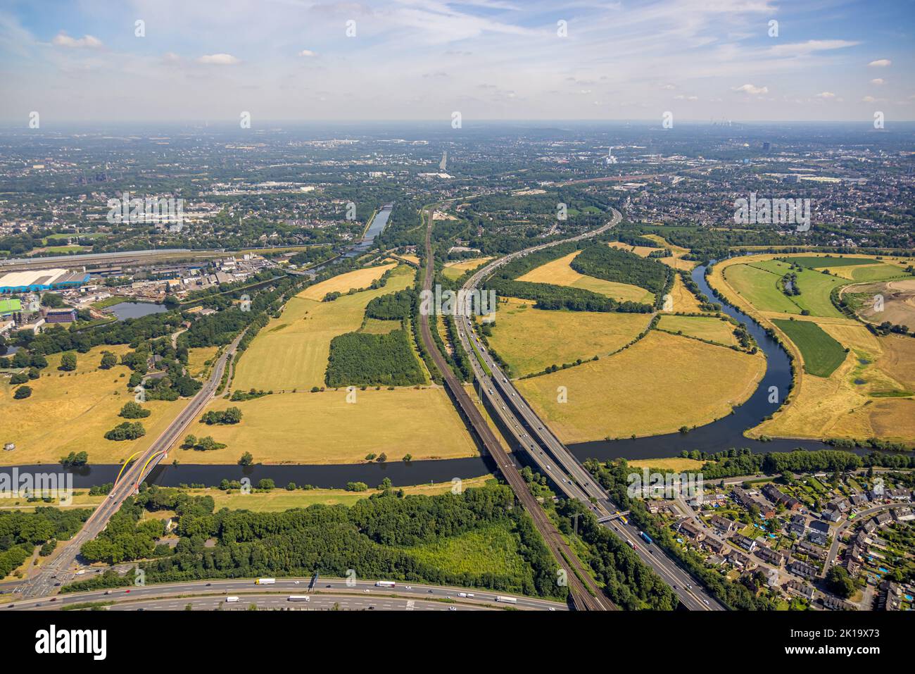 Distant view with meadows and fields and river ruhr hi-res stock ...
