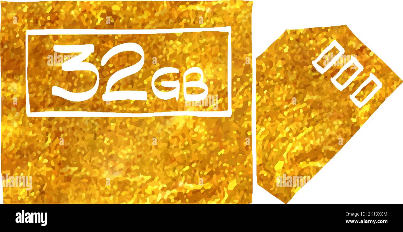 Hand drawn Compact flash and SD card icon in gold foil texture vector ...