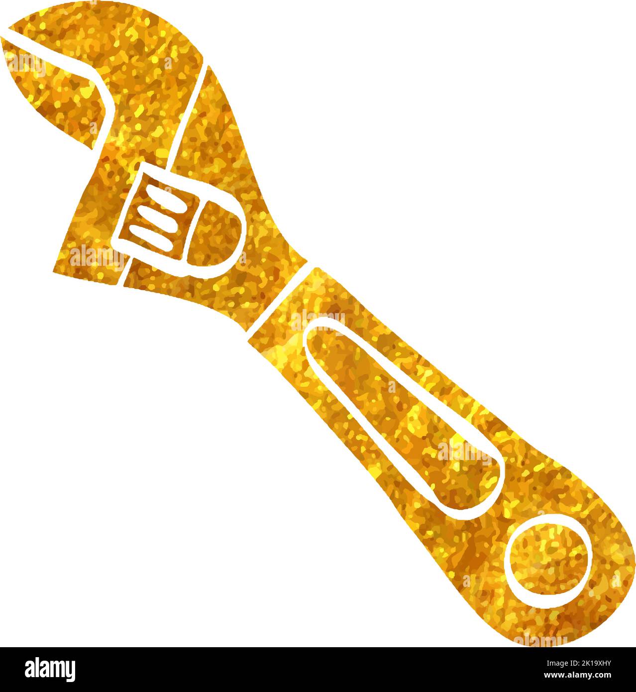 Hand drawn adjustable wrench icon in gold foil texture vector ...