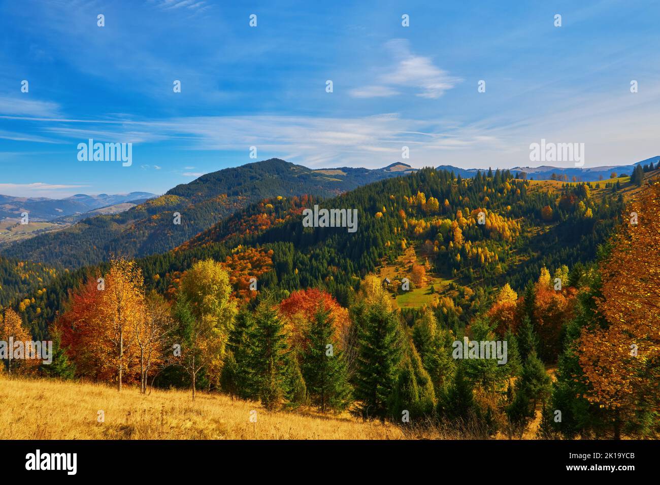 Colorful autumn landscape scene with fence in Transylvania mountain ...