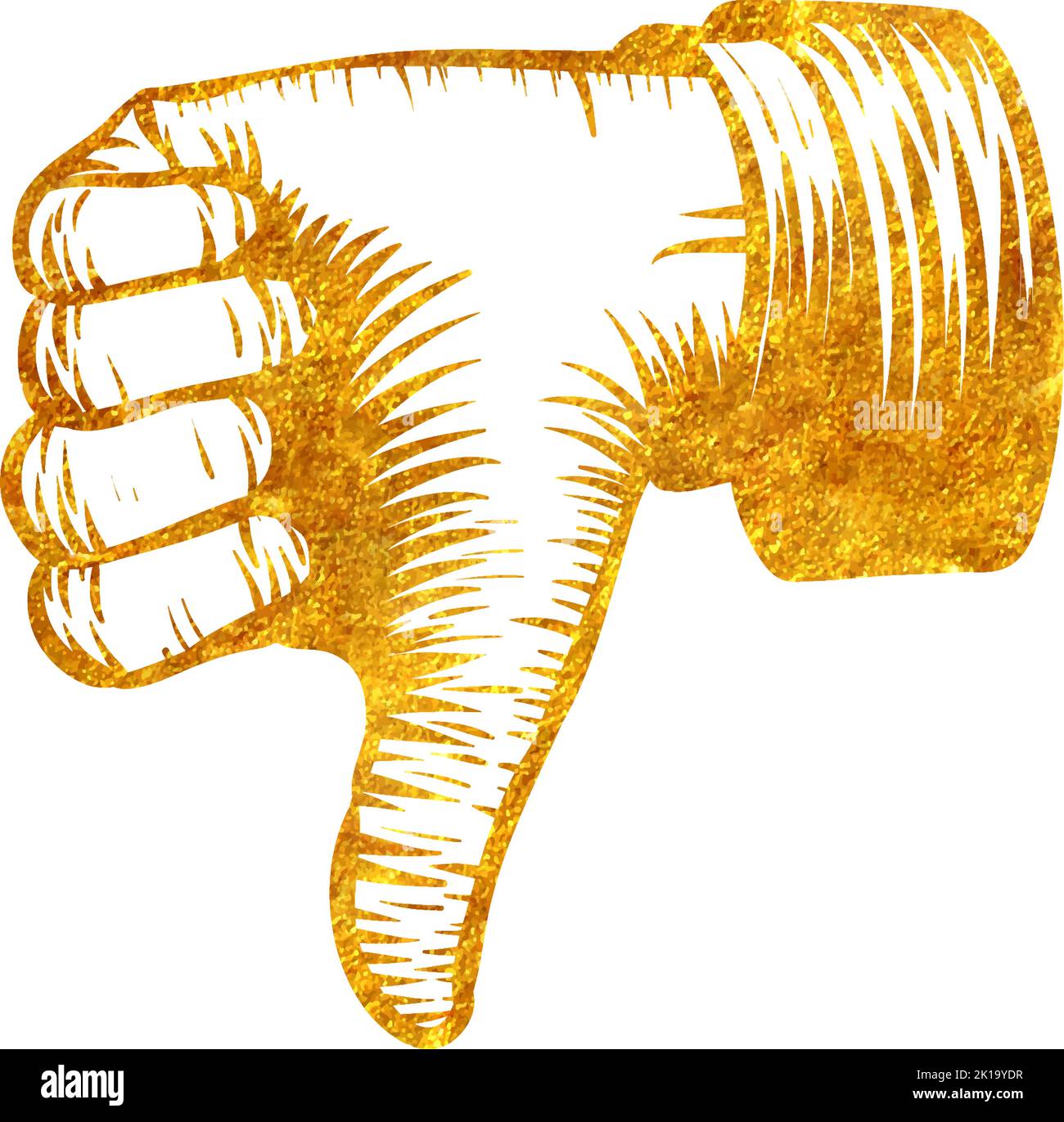 Hand drawn thumb down hand in retro sketch in gold foil texture vector ...