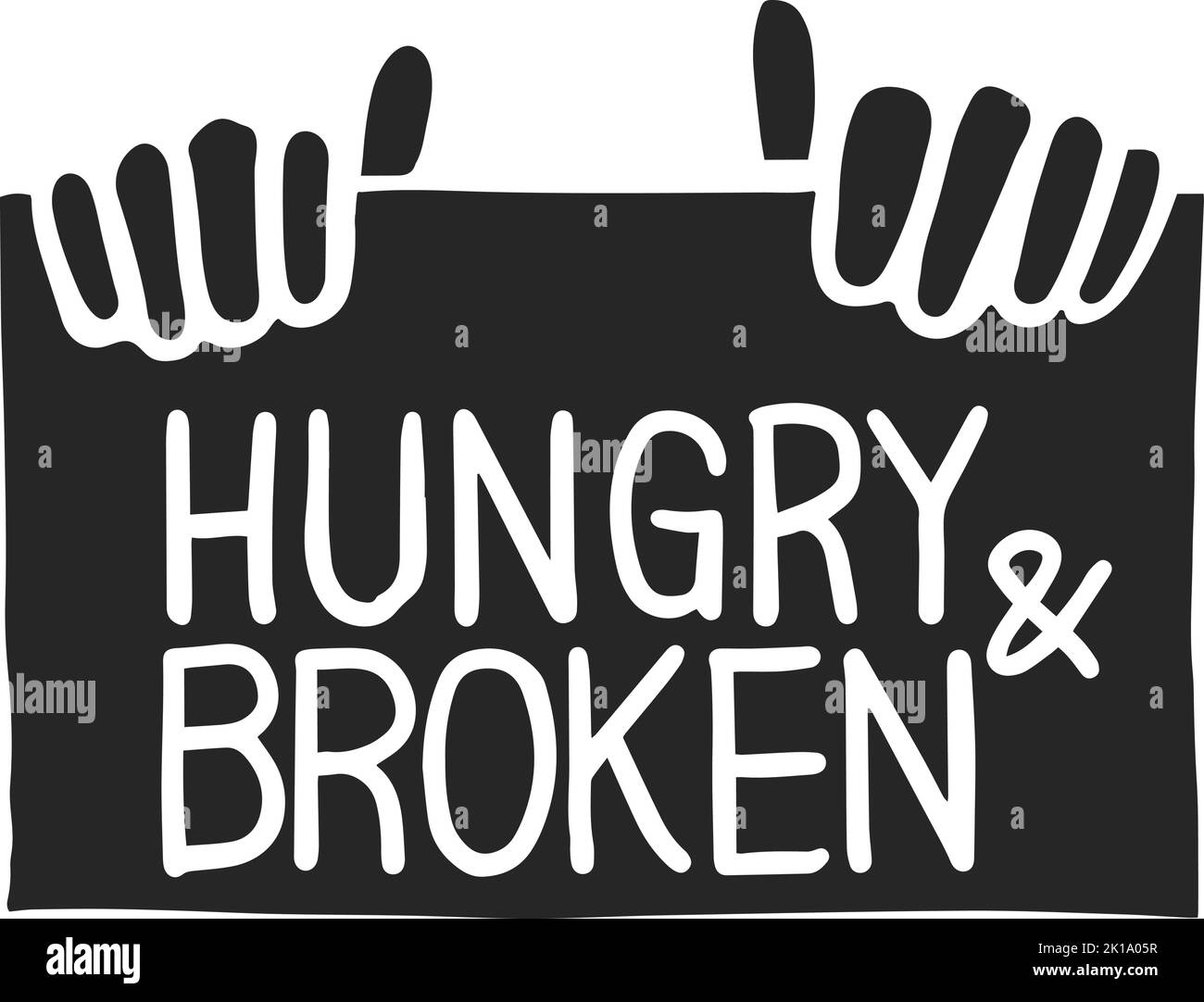 Hand drawn hand holding sign icon hungry and broken vector illustration ...