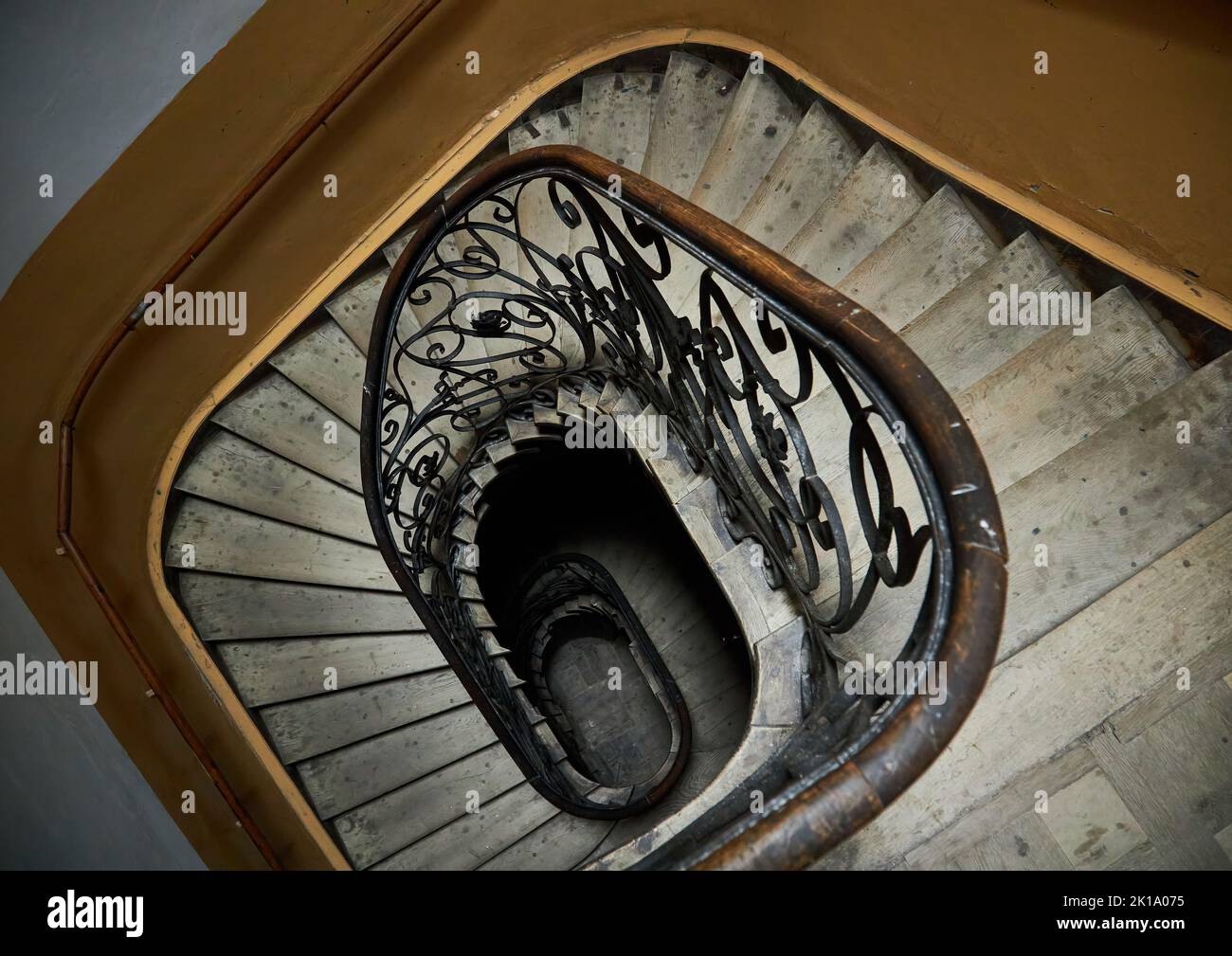 Spiral square staircase looked from down to up. Vintage staircase in ...