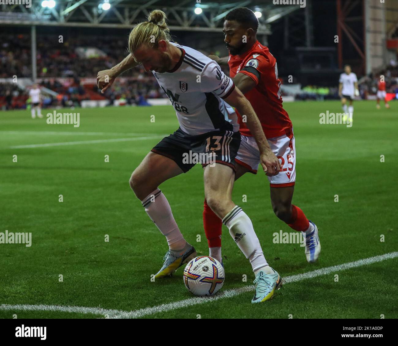 Nottingham, UK. 16th Sep, 2022. Tim Ream #13 of Fulham holds off ...