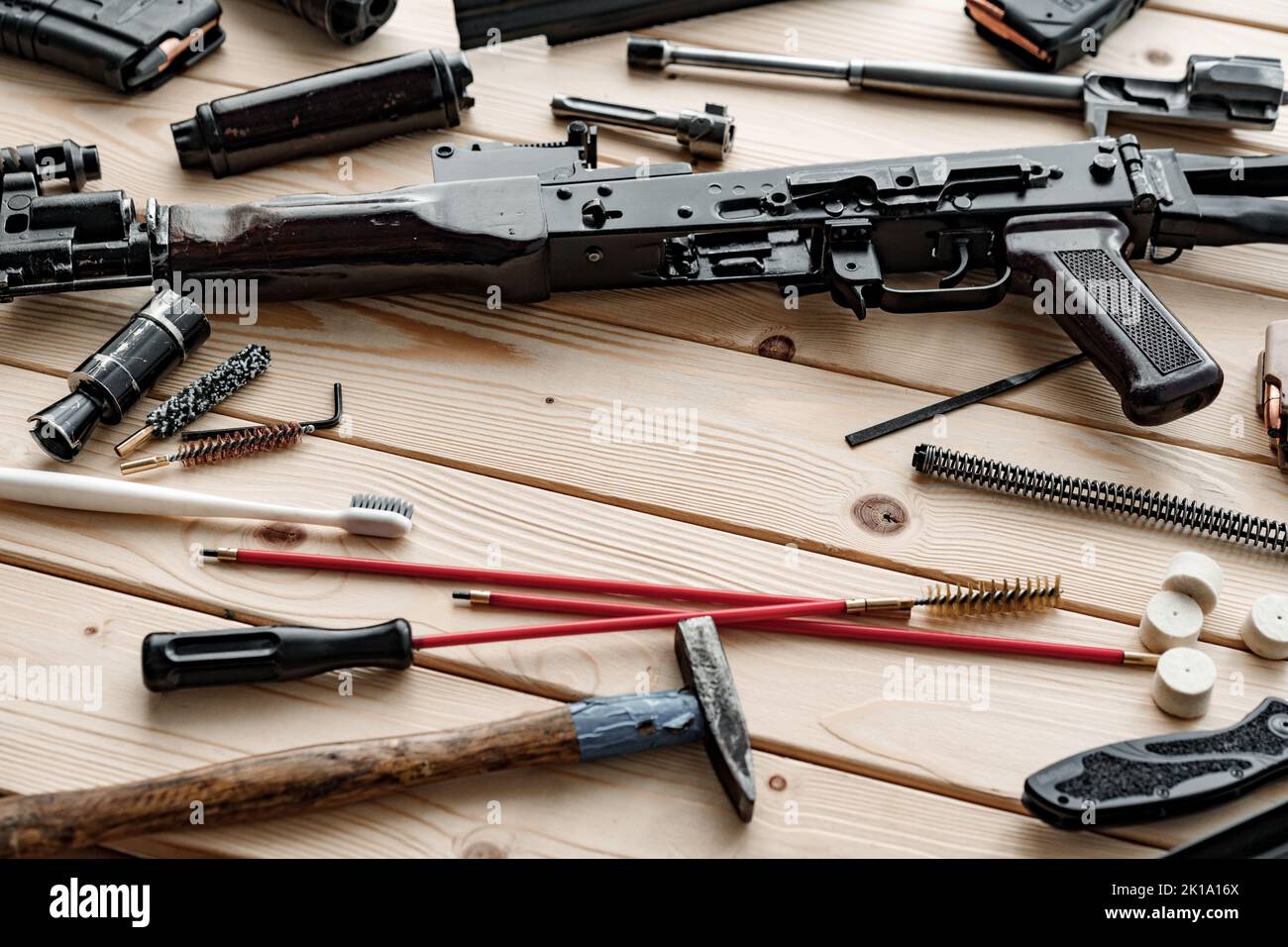 Gunsmith's working table for gun cleaning and maintaining Stock Photo ...